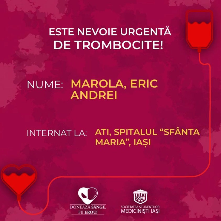 Este nevoie urgent de sânge și trombocite pentru doi pacienți